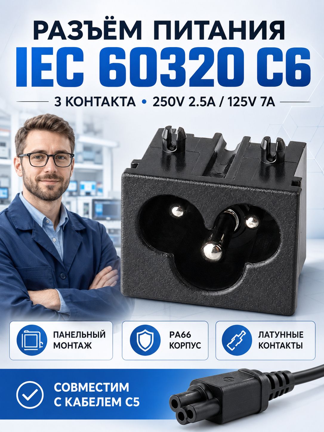 Разъём питания IEC 60320 C6 3-контактный панельный 250В 2,5А