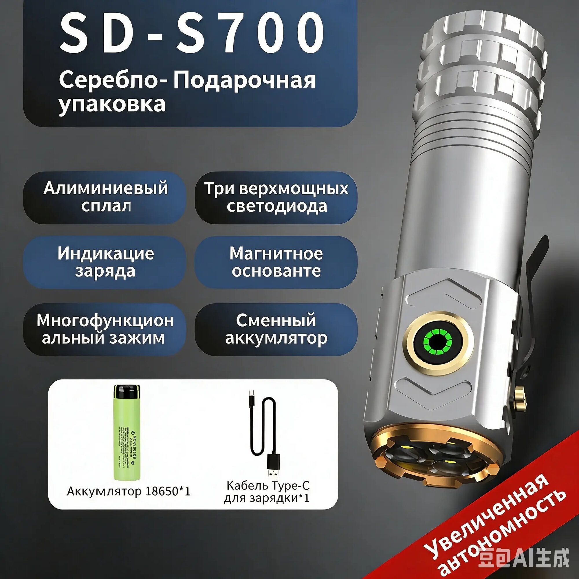 Серебристая модель с тремя глазами удлиненной длины [фонарик + USB-кабель + Подарочная коробка + литиевая батарея 18650]