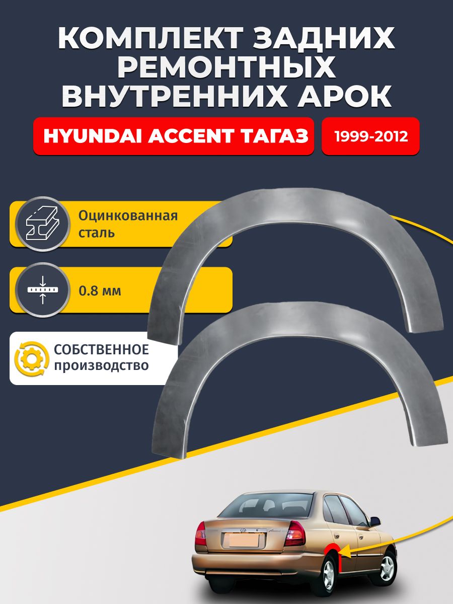 Комплект задних ремонтных внутренних арок для автомобиля Hyundai Accent ТагаЗ 1999-2012 седан (Хендай Акцент). Оцинкованная сталь 0,8 мм.