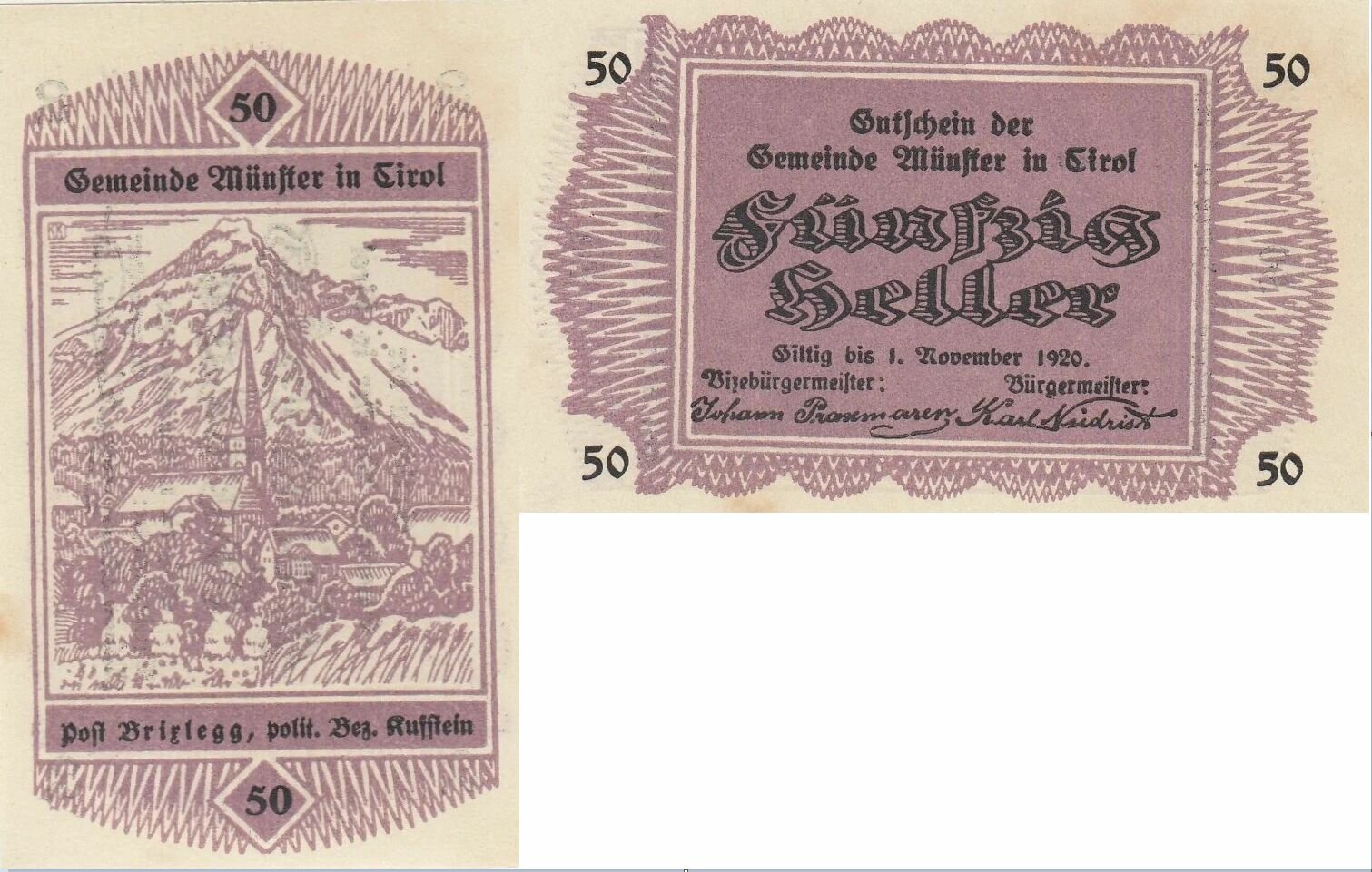 Австрия 50 геллеров 1920 Мюнстер aUNC