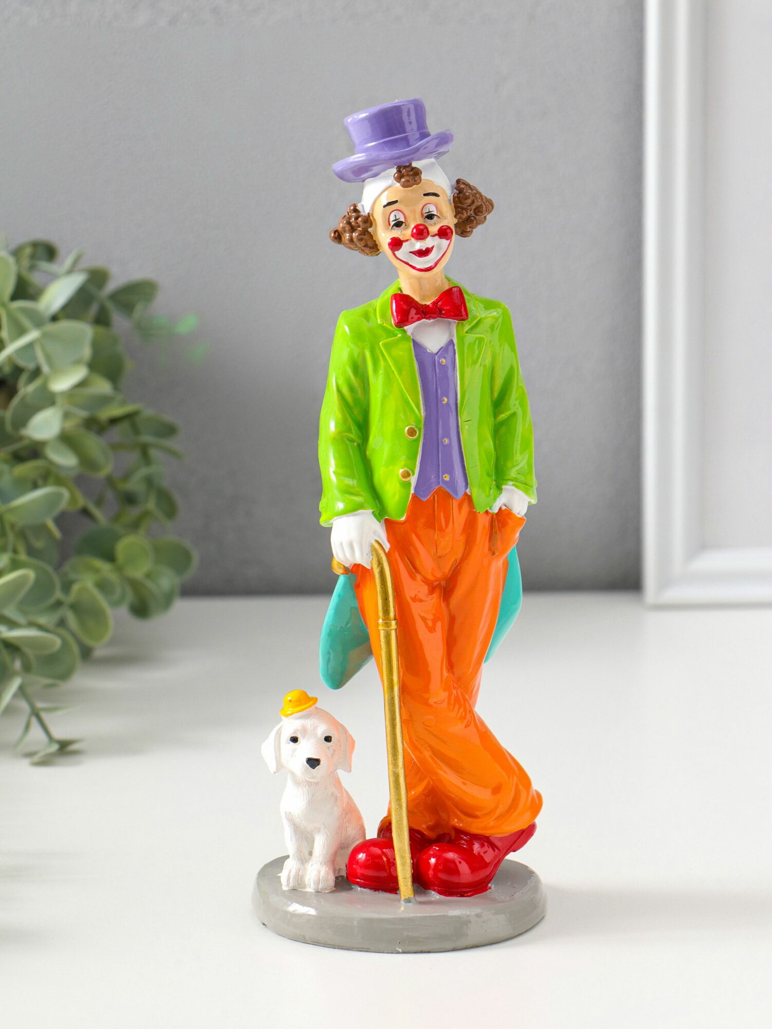 Фигура полистоун "Клоун с тростью и пёсиком", яркий разноцветный, 23 см