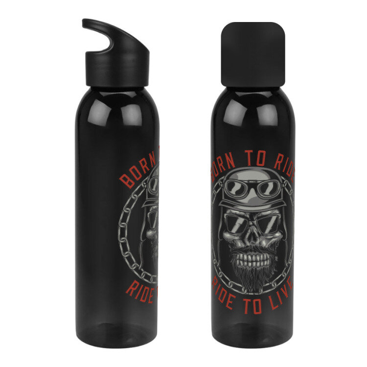 Бутылка для воды «Череп байкер в очках. Скелет, мотоцикл, гонщик» (черный)