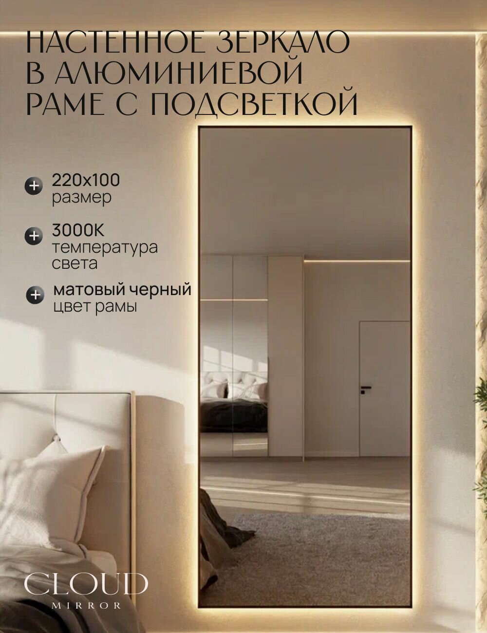 Зеркало 220х100 см. черное с подсветкой. Свет: Теплый белый 3000К. В алюминиевой раме интерьерное настенное CLOUD MIRROR