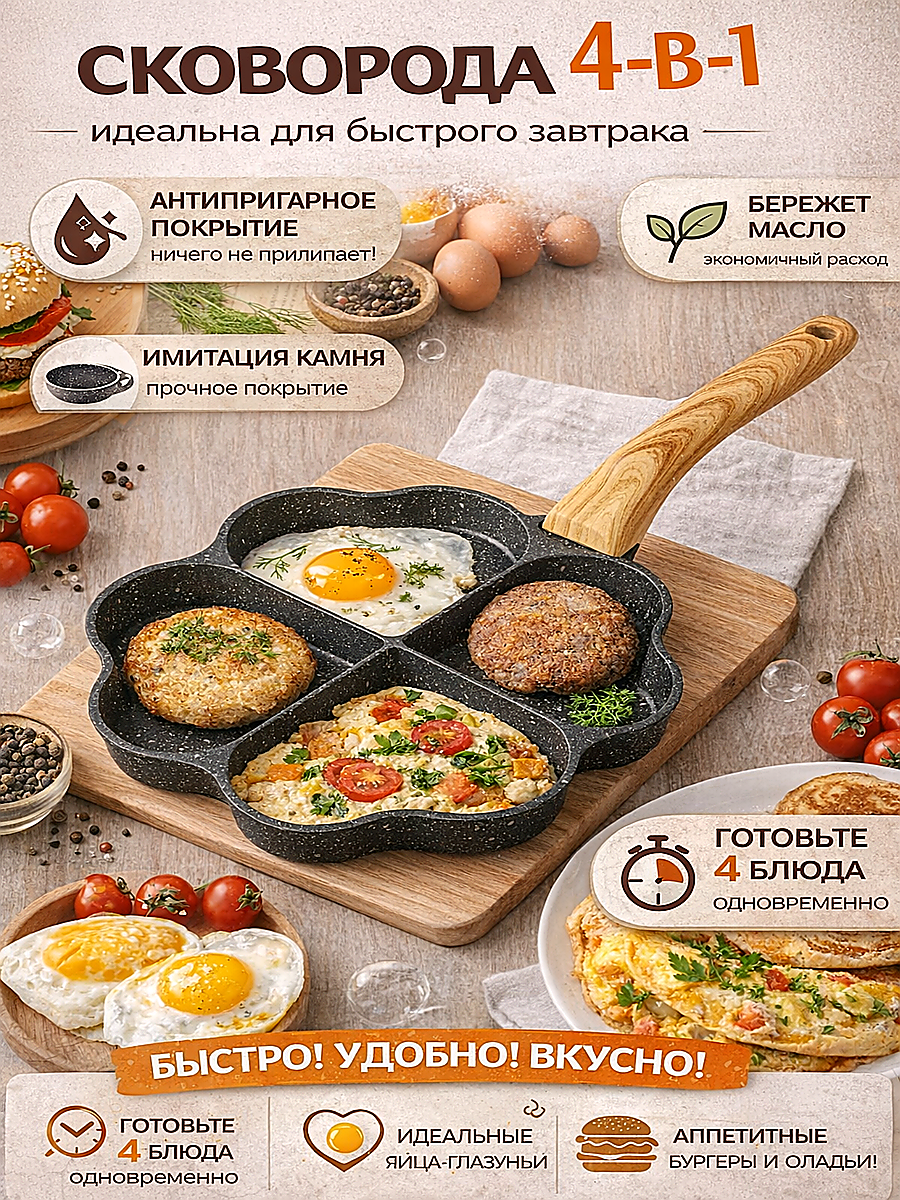 Сковорода Сердечки для омлета, яичницы, оладий, четырёхсекционная, из стали, антипригарное покрытие