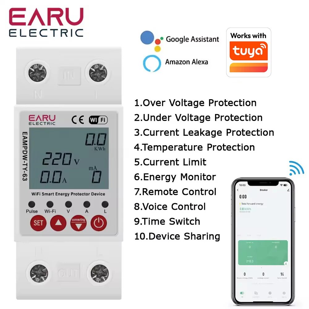 EARUELECTRIC Автомат защити цепи с датчиком утечки тока 63A