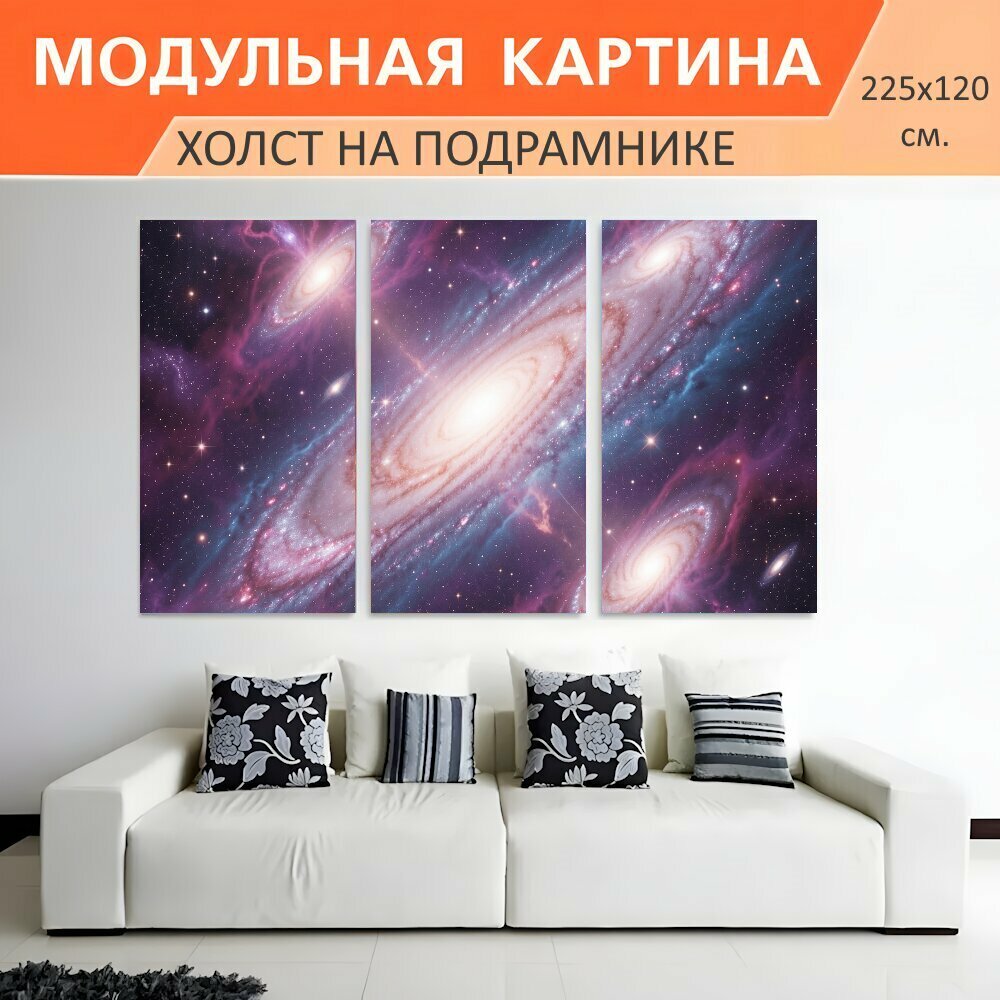 Модульная картина на холсте "Космические галактики в туманности. Светящиеся спиральные системы в глубоком космосе, яркие звезды и." триптих на подрамнике 225х120 см. для интерьера