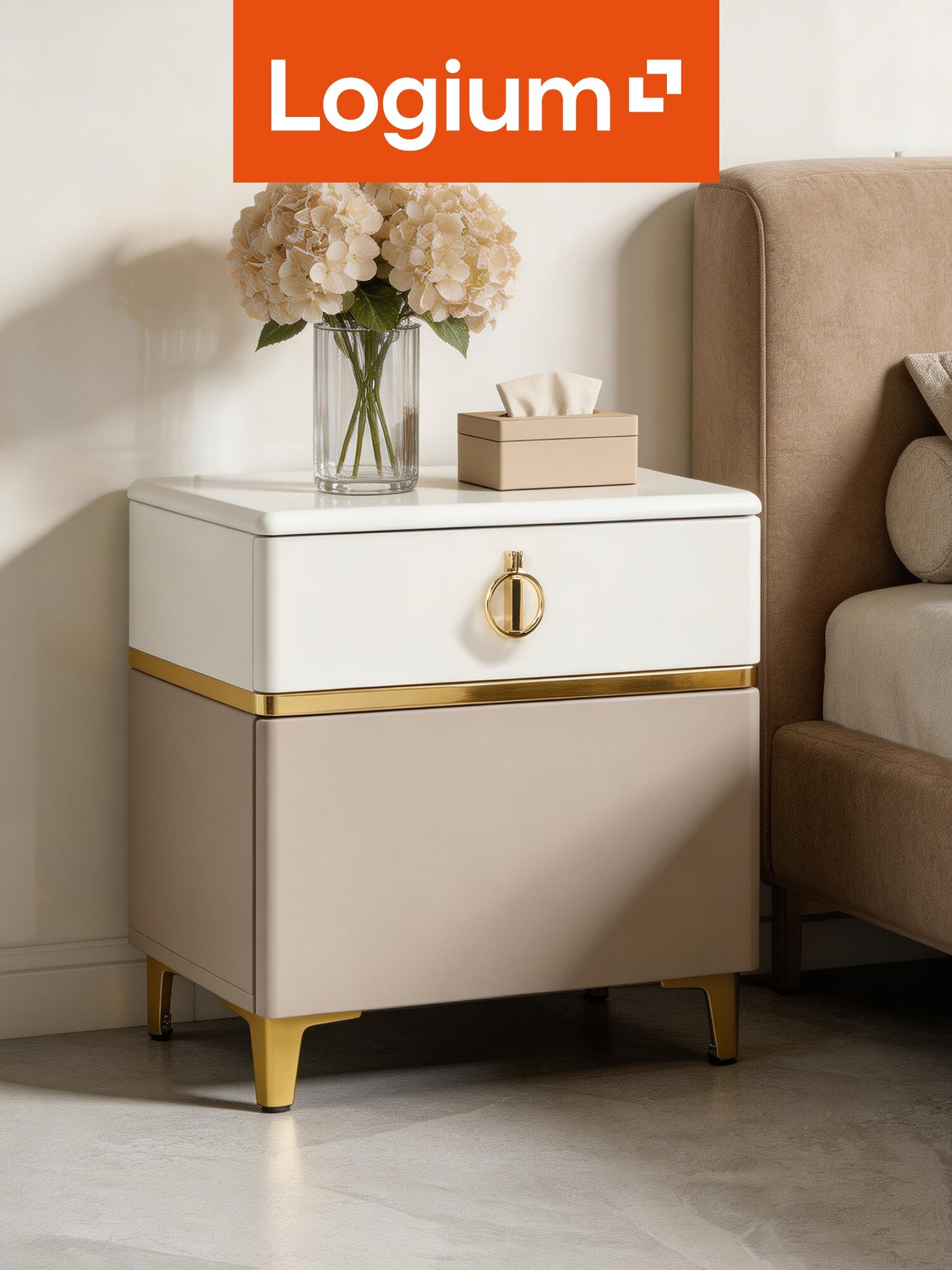 Тумба прикроватная напольная с ящиками Лира 16.170.01, Глиняный серый, Белый PE шагрень, Крем