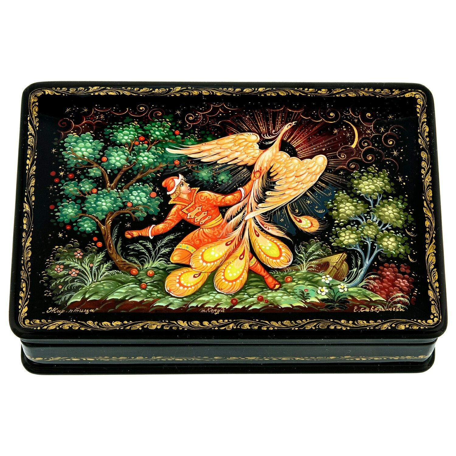 200891 Лаковая миниатюра Шкатулка "Жар-птица" 15*10см 2,80