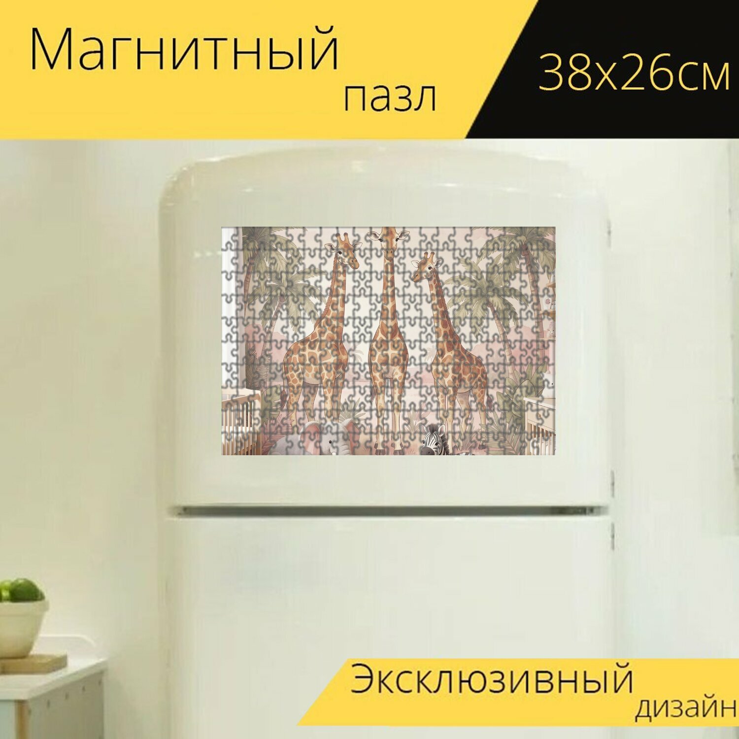 Магнитный пазл "Сафари с жирафами и зеброй. Нежная детская джунглевая сцена в пастельных тонах: высокие африканские животные, пальмы, облака и милые." для интерьера, 38х26 см.