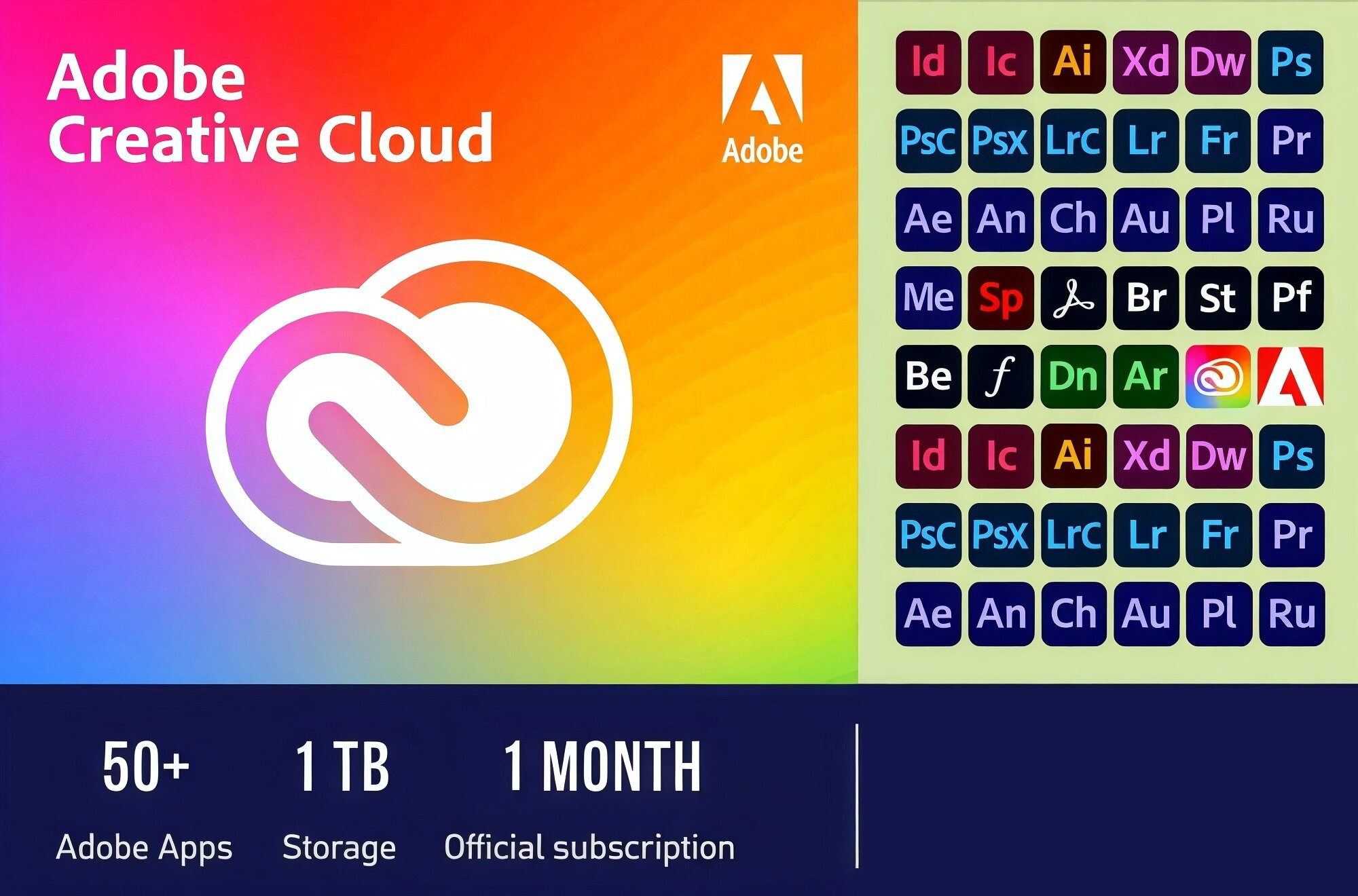 Официальная подписка Adobe Creative Cloud Pro, 1 месяц, все приложения, для Windows и MacOS