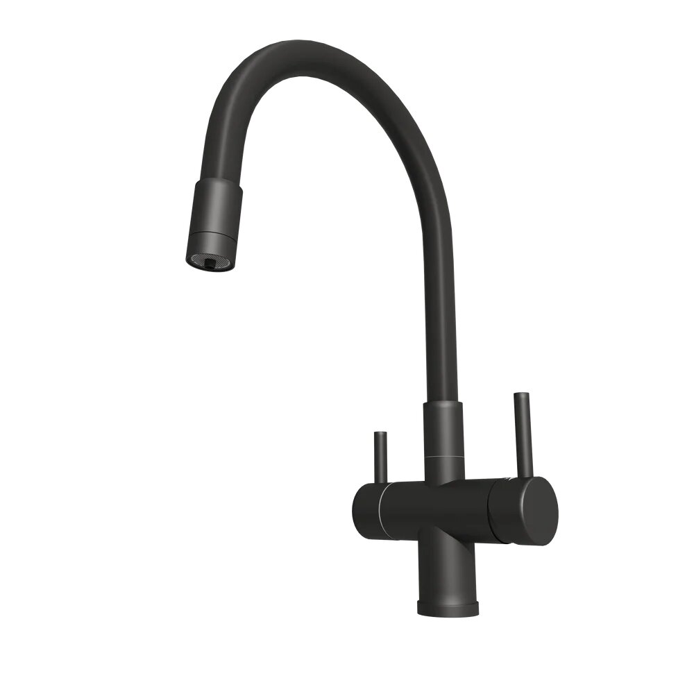 Смеситель для кухни Emar Steel ЕС - 3015 black с гибким изливом, с краном для питьевой воды, с поворотным изливом, черный, матовый, однорычажный, латунный, с керамическим картриджем