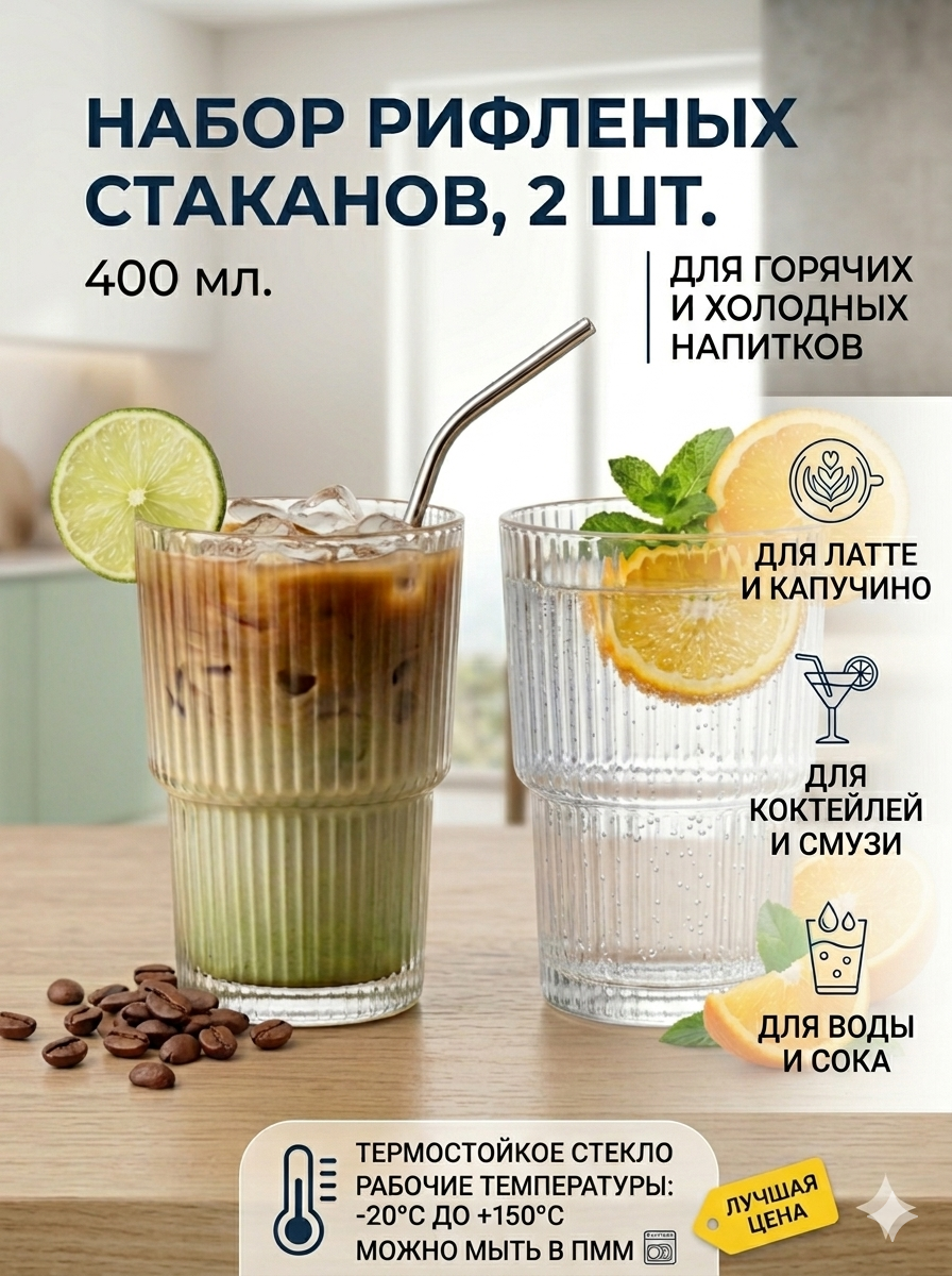 Стаканы стеклянные рифлёные 400 мл, набор 2 шт, толстое стекло, для кофе, латте, коктейлей, воды, сока