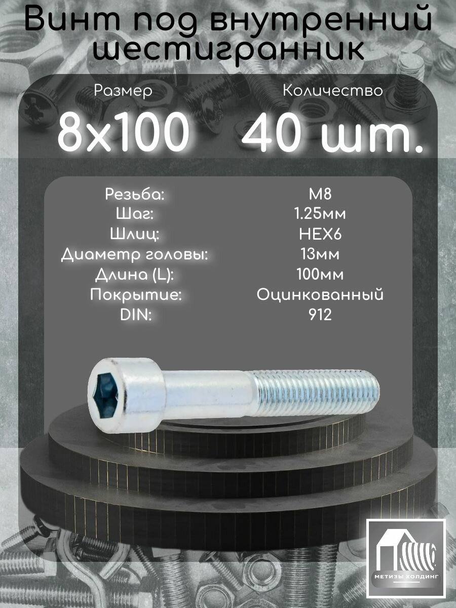 Винт М8х100 под внутренний шестигранник, DIN912 оцинкованный, 40 шт.