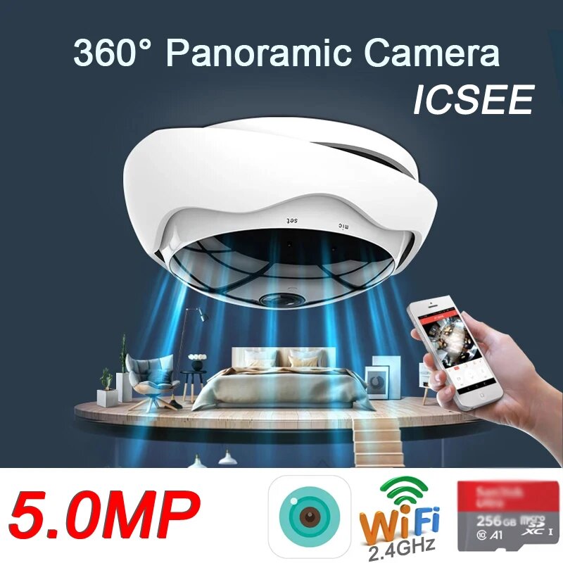 IP-камера наблюдения Xmeye ICsee для удаленного мониторинга с инфракрасным освещением, 5 МП, для внутреннего использования, 256 ГБ, с аудио, детекцией движения, VR 360-градусной панорамой и Wi-Fi