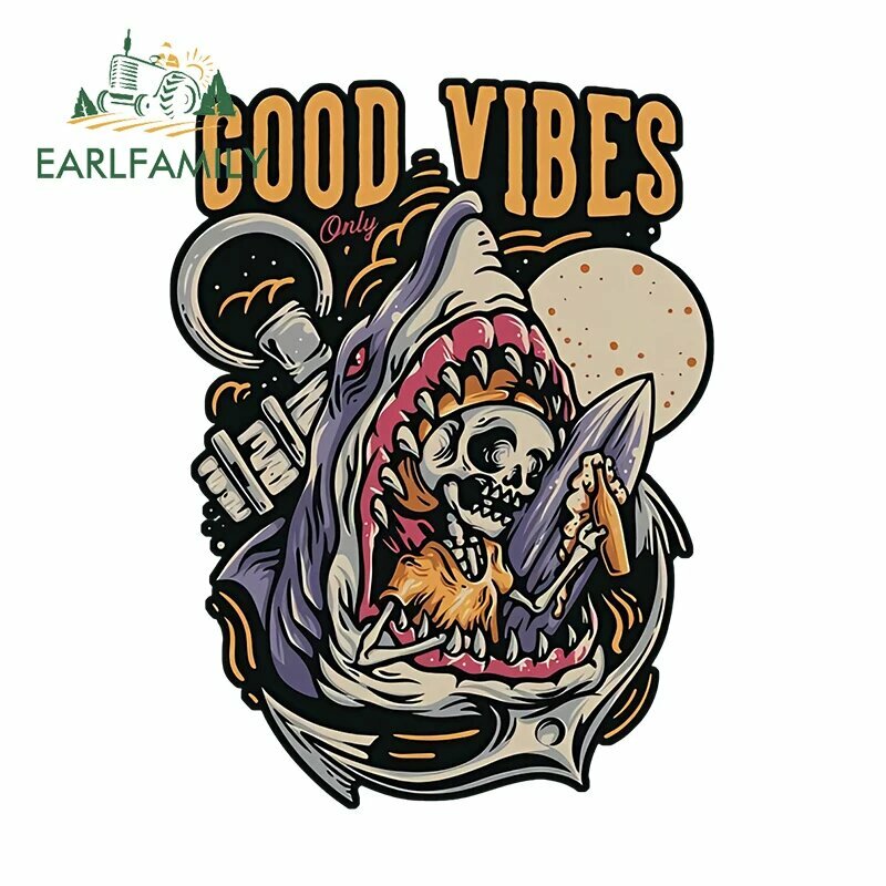 EARLFAMILY 13 см × 9,7 см, Стикеры для автомобиля «Good Vibes Skull in Shark», классные Оригинальные Водонепроницаемые виниловые Стикеры для декора