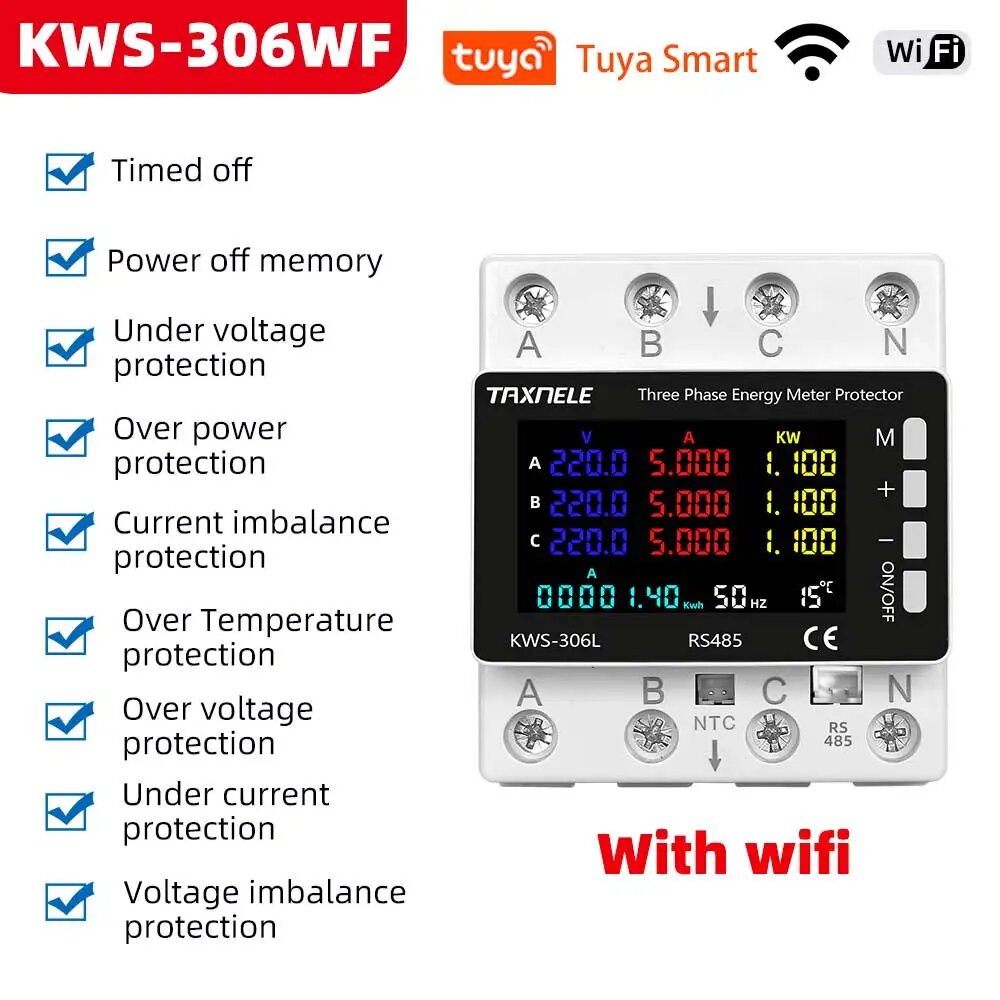 Модуль мониторинга энергопотребления с Wi-Fi TUYA AC 80A трехфазный четырехпроводной DIN-рейлowy защитник от перепадов напряжения Электросчетчик - счетчик Wi-Fi с защитой