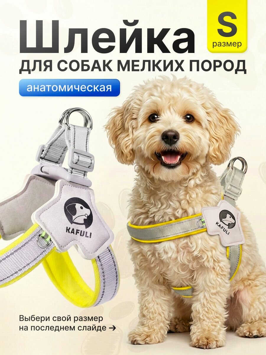 Шлейка для собак жёлтая для мелких пород 4-7кг/ ошейник со светоотражающим элементом, для мелких пород