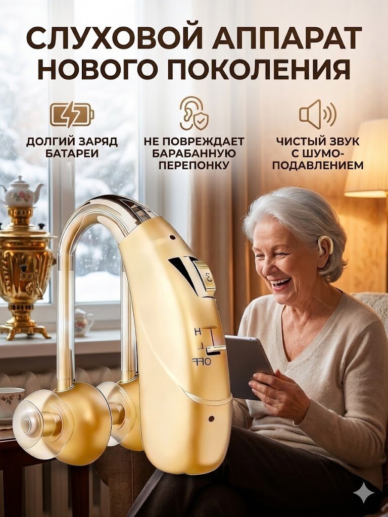 Накладной слуховой прибор с зарядным устройством для пожилых и взрослых