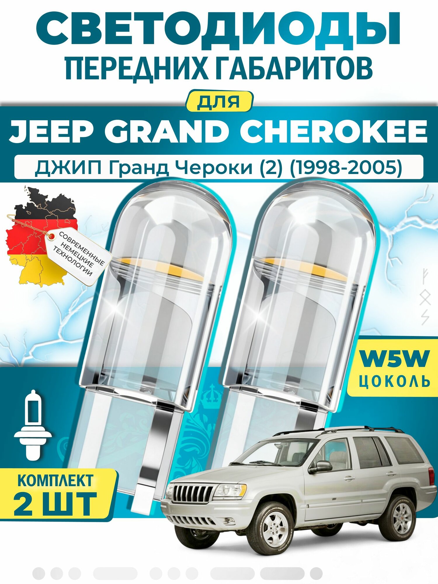 Лампы светодиодные габаритные для JEEP GRAND CHEROKEE II / джип Гранд Чероки (2) (1998-2005), W5W ( LED - белый свет 5000k ) (комплект 2шт)