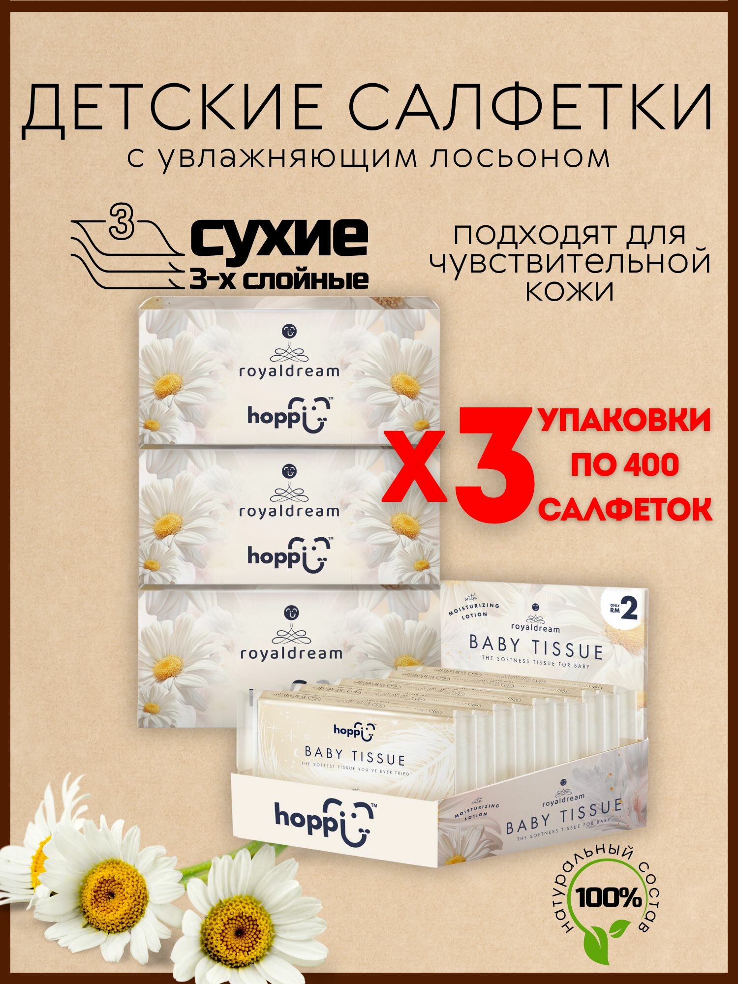 Салфетки бумажные Hoppi с увлажняющим лосьоном, 3 слоя,1200 штук