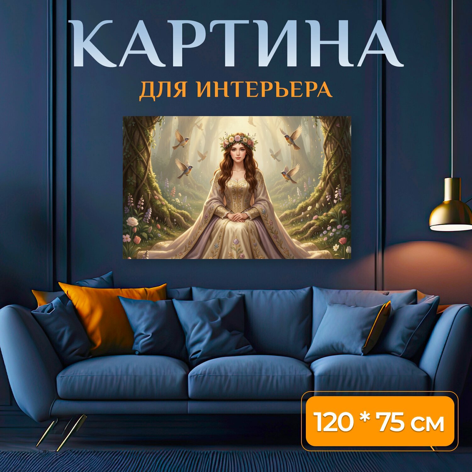 Картина на холсте "Девушка в лесу с птицами. Сказочная иллюстрация: юная красавица в венке из цветов сидит среди леса, вокруг летают маленькие." на подрамнике 120х75 см. для интерьера