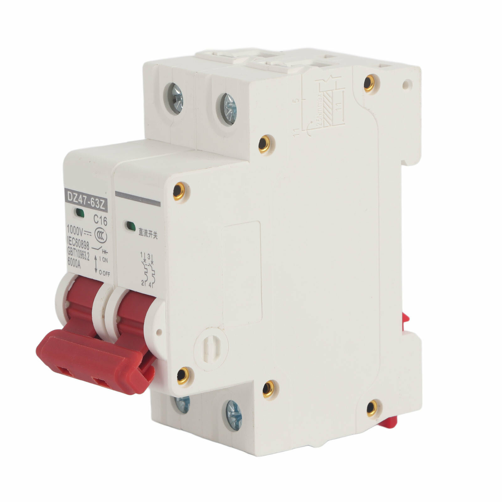 Выключатель цепи 2P Низкое напряжение 6000A пропускная способность DIN RAIL Mount 16A DC 1000V