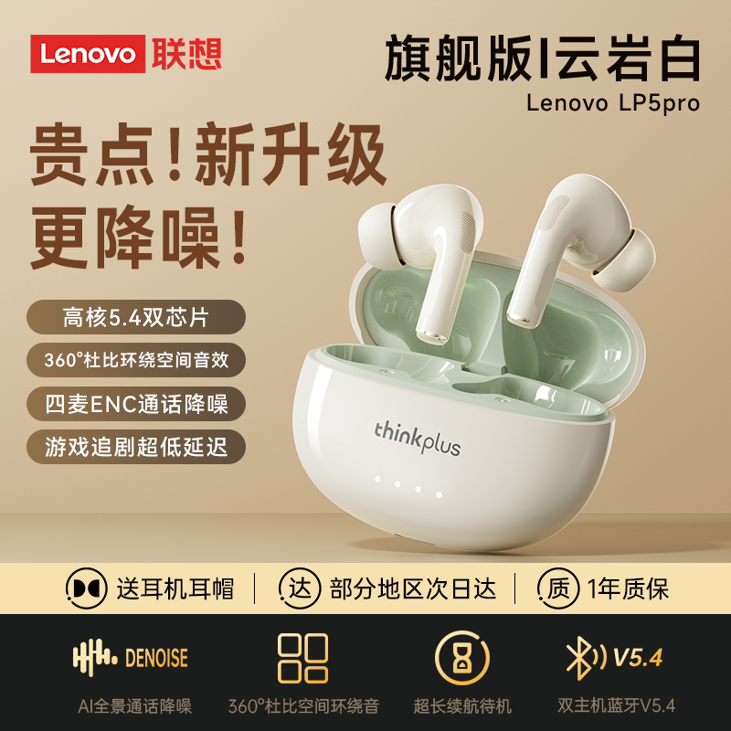 Наушники беспроводные Lenovo LP5 Bluetooth 5.4 с декодированием AAC и стереозвуком 3D в цвете Облако-Камень белый