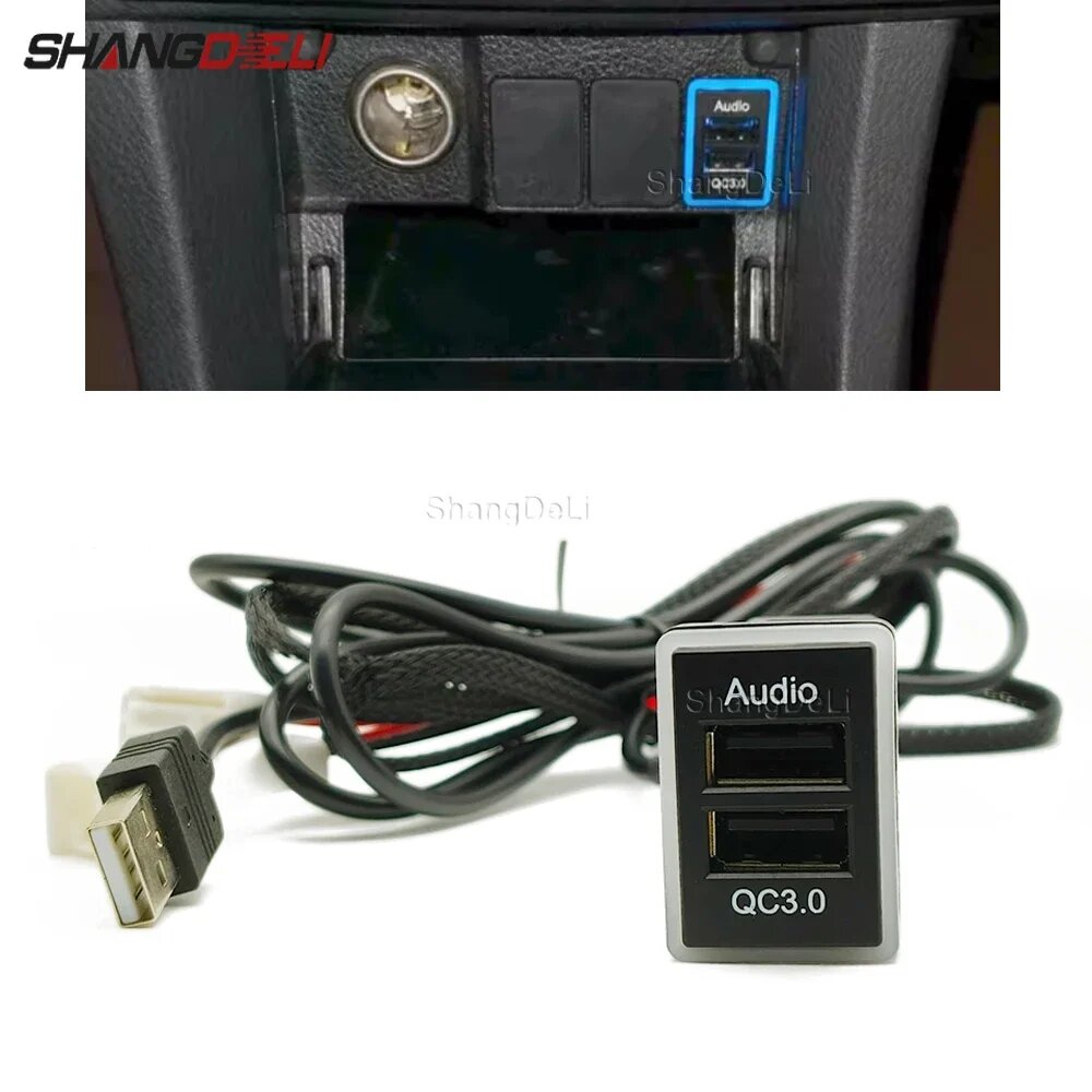 Автомобильное USB QC3.0 быстрое зарядное устройство, входной адаптер, аудио u-диск, разъем для вспышки, интерфейсный кабель для Toyota Prado Camry Prius Corolla Yaris