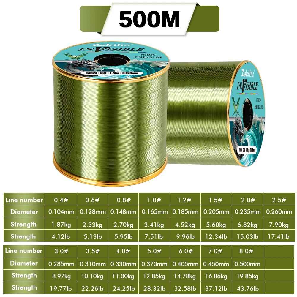 Леска монофильная ZUKIBO JIAOLONG 500m, Aqua Green, 2.0#