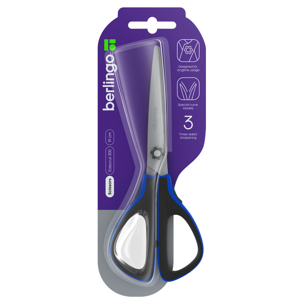 Ножницы Berlingo "Easycut 300", 19см, синие, мягкие вставки, европодвес, 326319