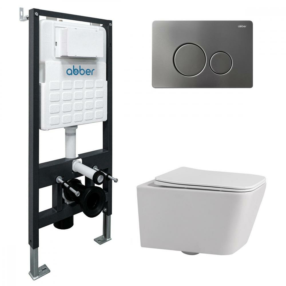 Инсталляция с унитазом комплект Abber Rechteck AC1201-AC0105-AC0121NG белый, с сиденьем микролифт и кнопкой смыва никель