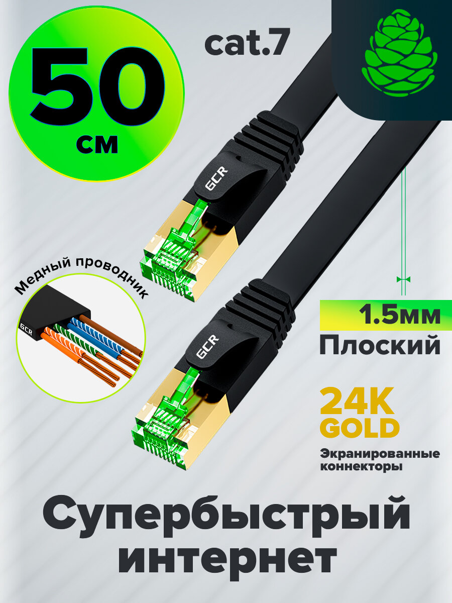 Короткий патч-корд 50 см LSZH плоский кат.7 FTP RJ45 30AWG черный 24K GOLD T568B GCR PROF кабель для интернета