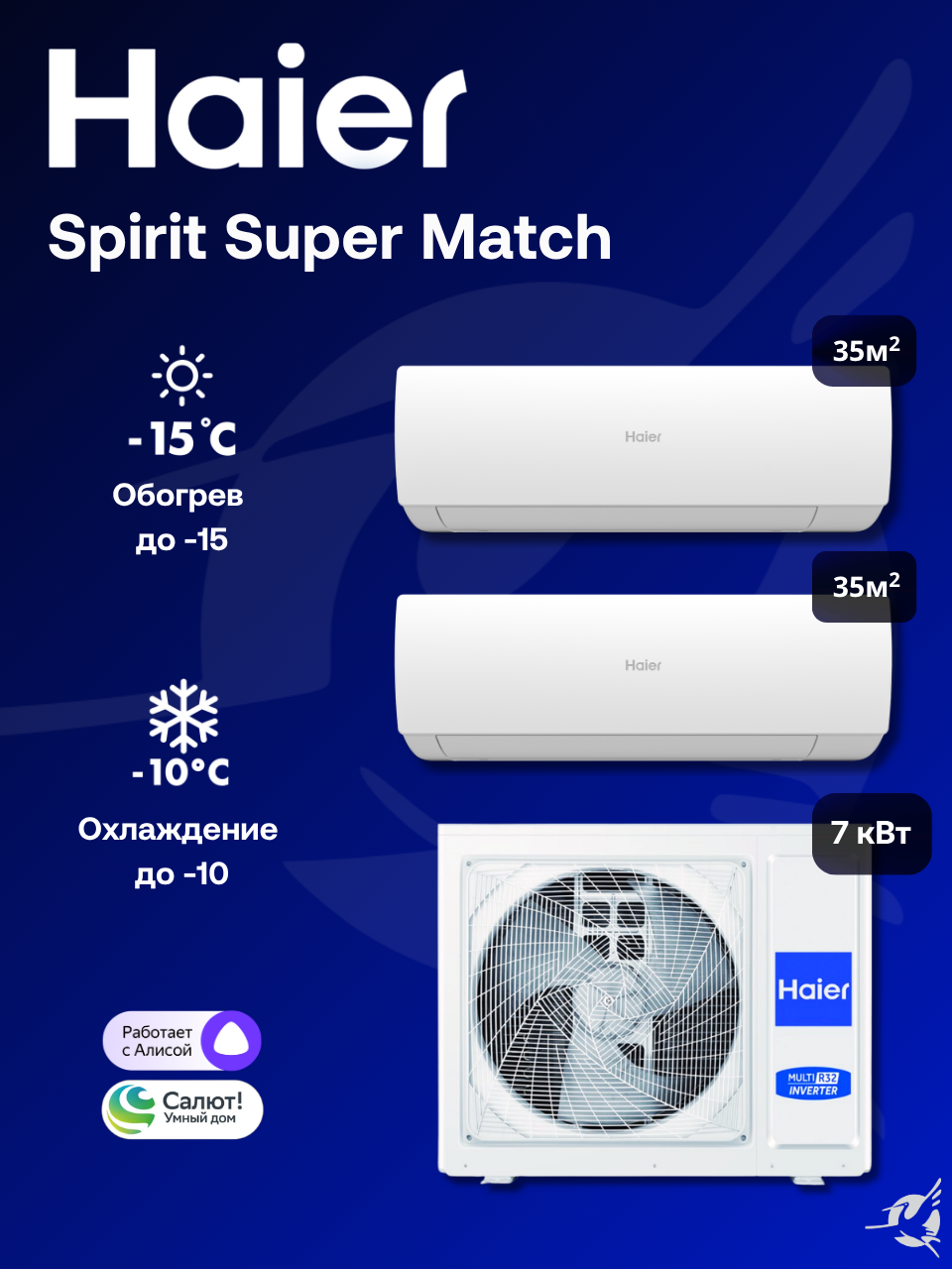 Мультисплит-система Haier Spirit Super Match 2 X AS35SS1HRA-M / 3U70S2SR5FA на 2 комнаты 35+35 м²