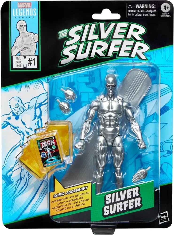 Фигурки Серия Marvel Legends, Серебряный серфер №1 (1968) и коллекционная 6-дюймовая фигурка в стиле комиксов "Фантастическая четверка" с аксессуарами размером с персонажа комиксов.