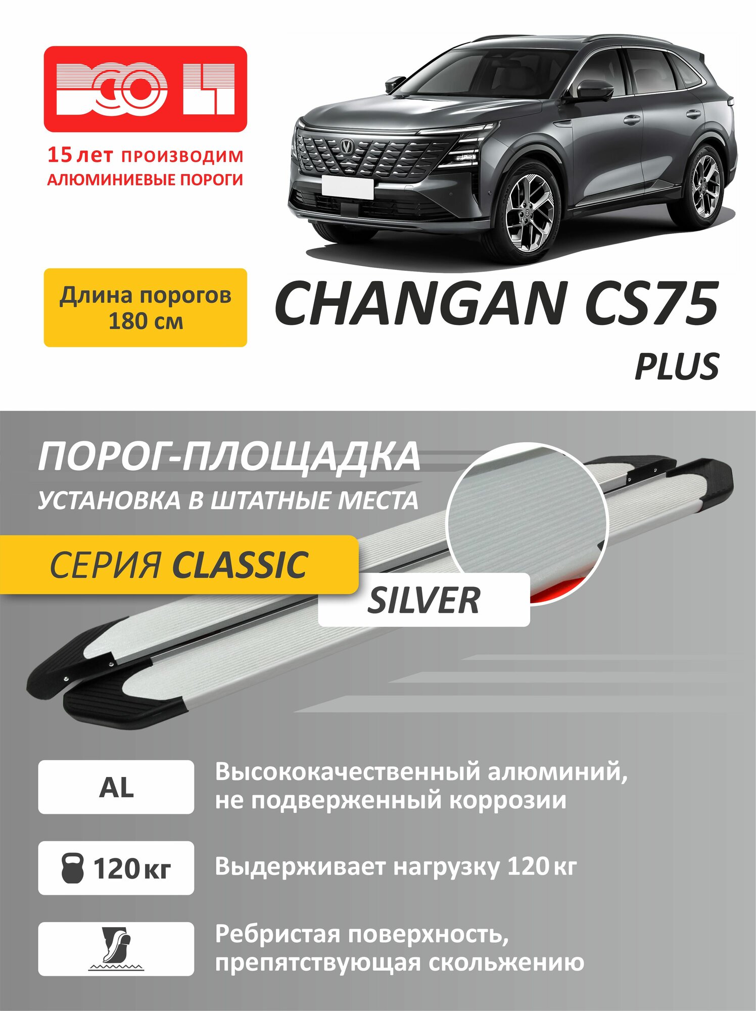 Алюминиевые пороги серебристые для CHANGAN CS 75 PLUS (2023-н. в.) Чанган ЦС75 кронштейны в комплекте
