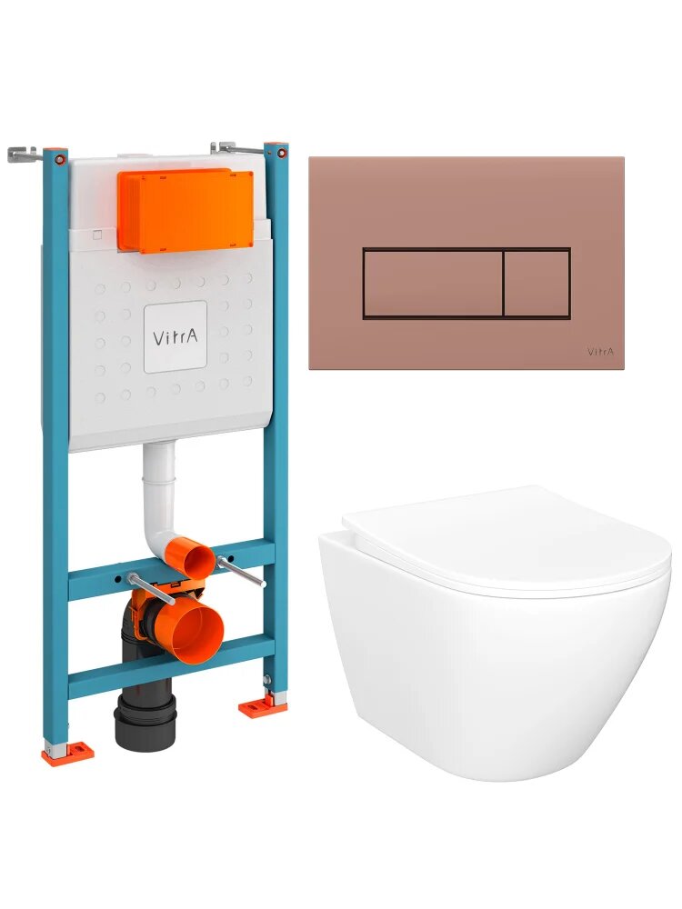 Комплект 4 в 1: Инсталляция VitrA Ви-Фикс Кор (V-Fix Core) 732-5800-01 / Унитаз подвесной STWORKI Кронборг S28401WH безободковый, с микролифтом / Кнопка Рут Скуэр (Root Square) 740-2340, глянцевая медь, Комплект креплений