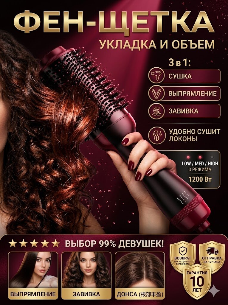 Фен-щетка для волос / Расческа с ионизацией One Step Фен-щётка (расчёска-фен) для волос Hair Dryer 3 в 1