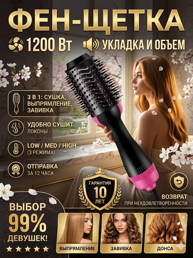 Фен-щетка для волос / Расческа с ионизацией One Step Фен-щётка (расчёска-фен) для волос Hair Dryer 3 в 1
