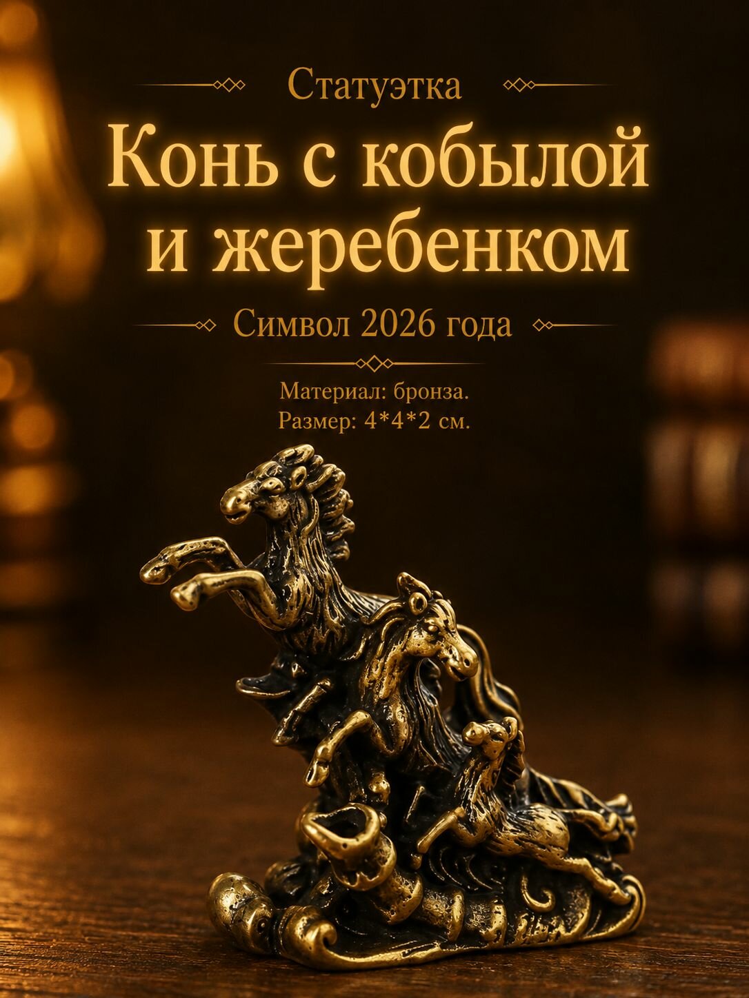 Статуэтка "Конь с кобылой и жеребенком", Фен-Шуй, бронза (4*4*2 см.)