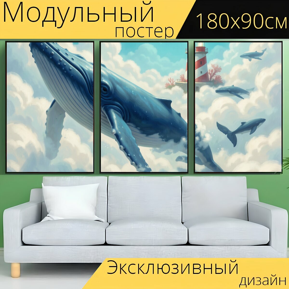 Модульный постер "Киты над облаками у маяка. Мечтательная морская фантазия с огромными морскими великанами, парящими среди пушистых." 180 x 90 см. для интерьера на стену в тубусе