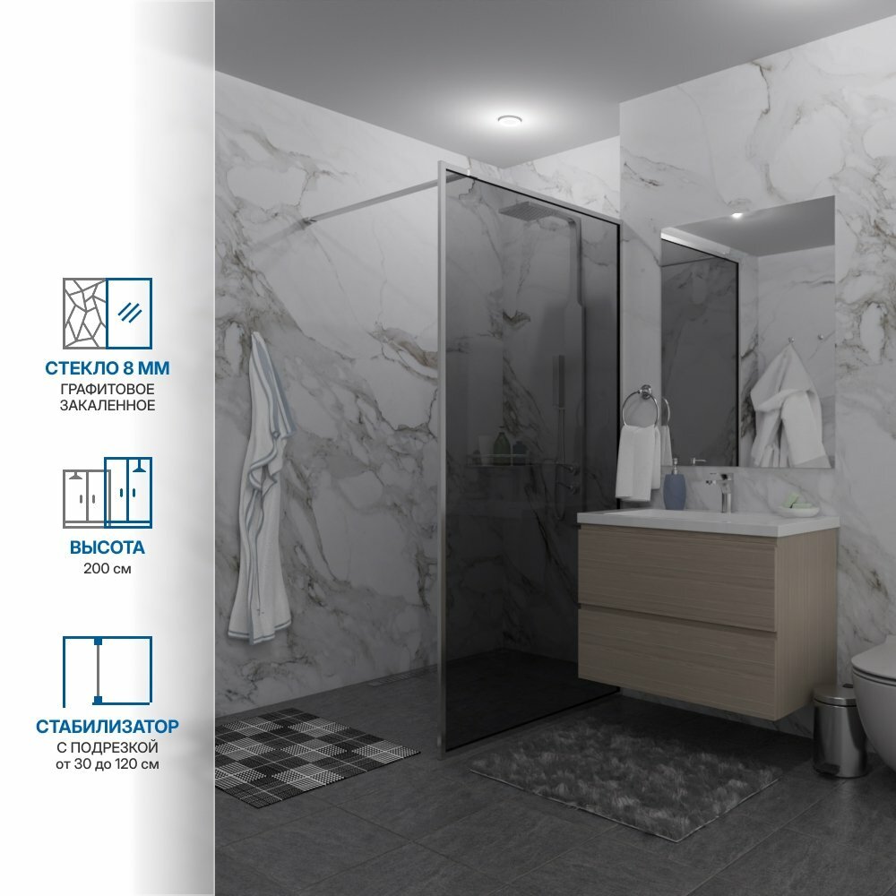 Душевая перегородка SHOWER GLASS GK-24-8мм 50x200 см, цвет фурнитуры хром блестящий, цвет стекла графитовый, стекло закаленное 8 мм