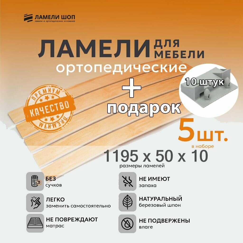 Ламель мебельная 1195/50/10 5 шт, упорный держатели в наборе 10 шт