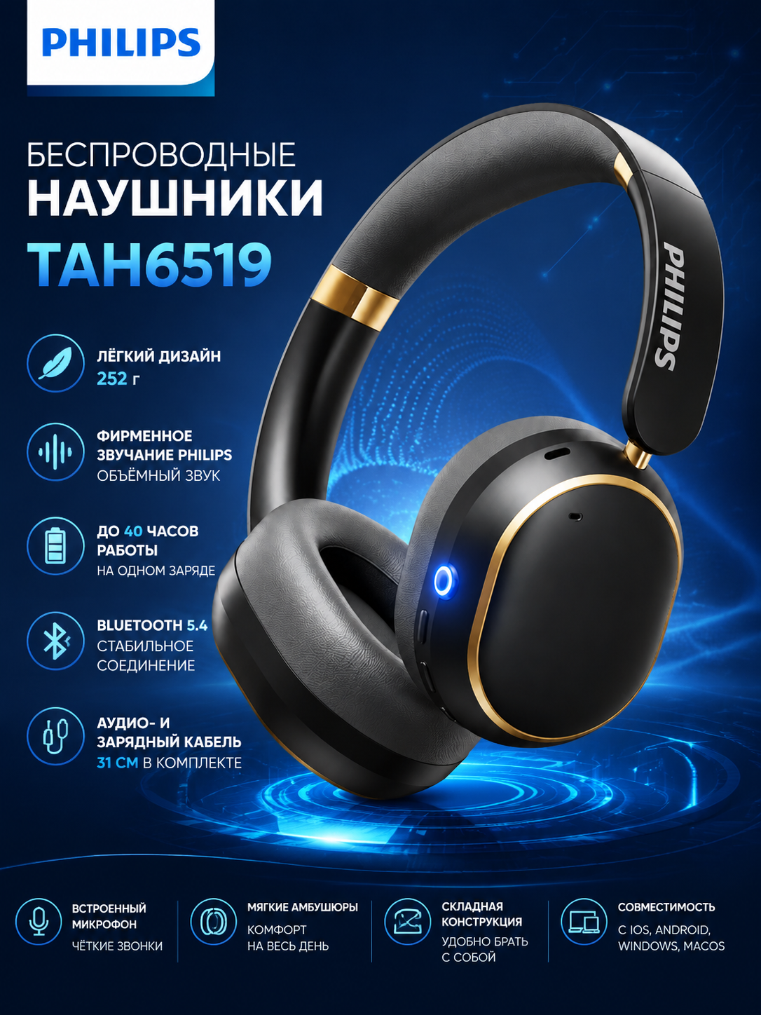 PHILIPS TAH6519 Наушники накладные с ANC шумоподавлением -56dB, Bluetooth 5.4, LDAC, 80 часов работы, 40 мм драйвер