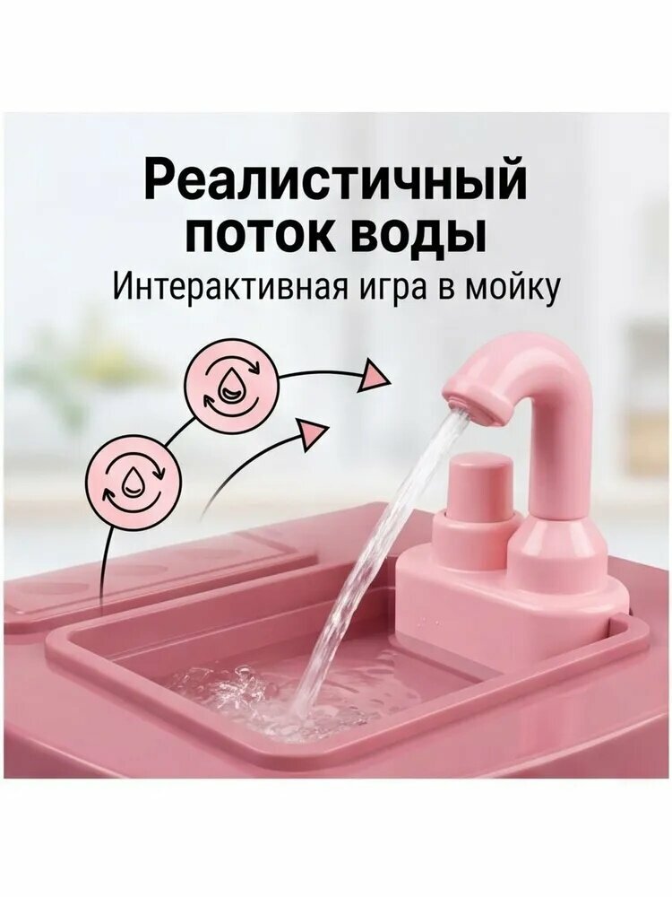 Розовый, белый, Кухня детская игровая с подсветкой, звуком и водой для сюжетных игр с куклами — фото 1