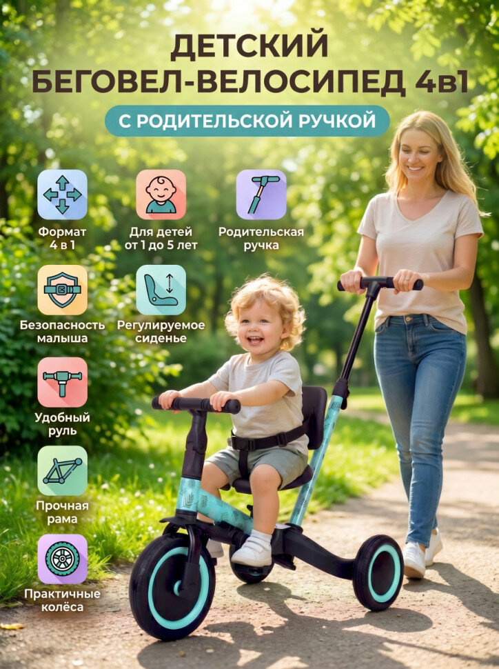 Детский беговел-велосипед 4в1 с родительской ручкой, зеленый с рисунком - TR007-CYAN-PAINT