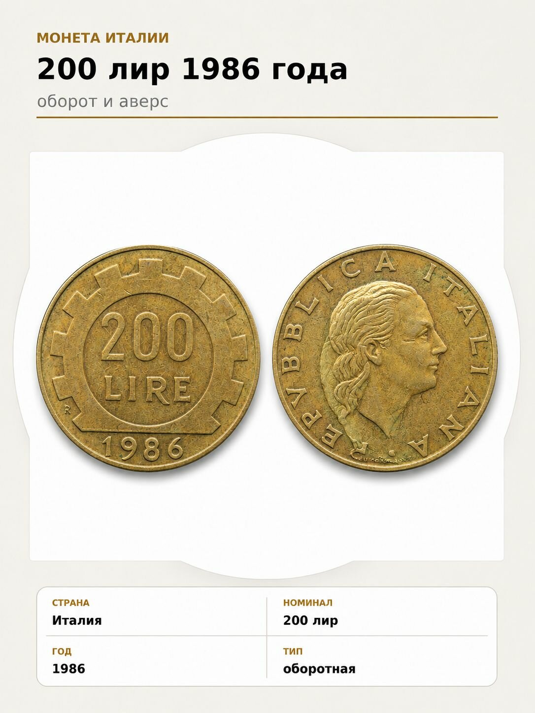 Коллекционная монета Италия 200 лир