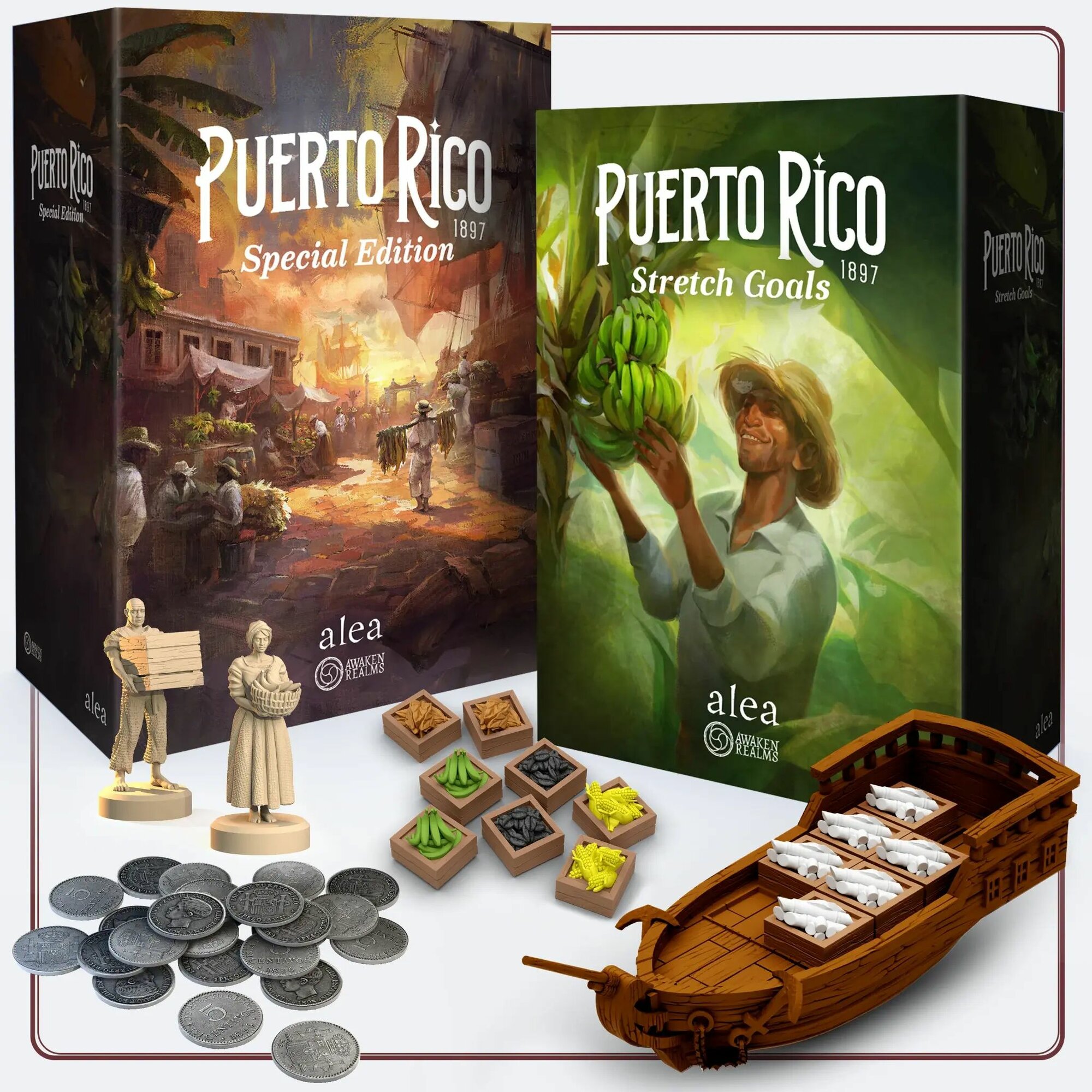 Настольная игра Puerto Rico - коллекционное переиздание 2026 со стретч-целями на английском языке (версия с миниатюрами)