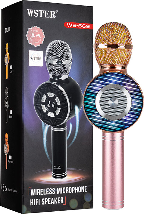 Караоке колонка с микрофоном WSTER WS-669 микрофон для караоке, 4 голоса, подсветка, розовое золото