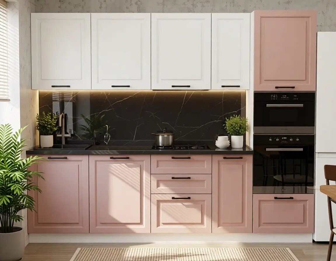 Кухонный гарнитур Аликанте, 280 см (арт. 31), шарли белый/шарли pink