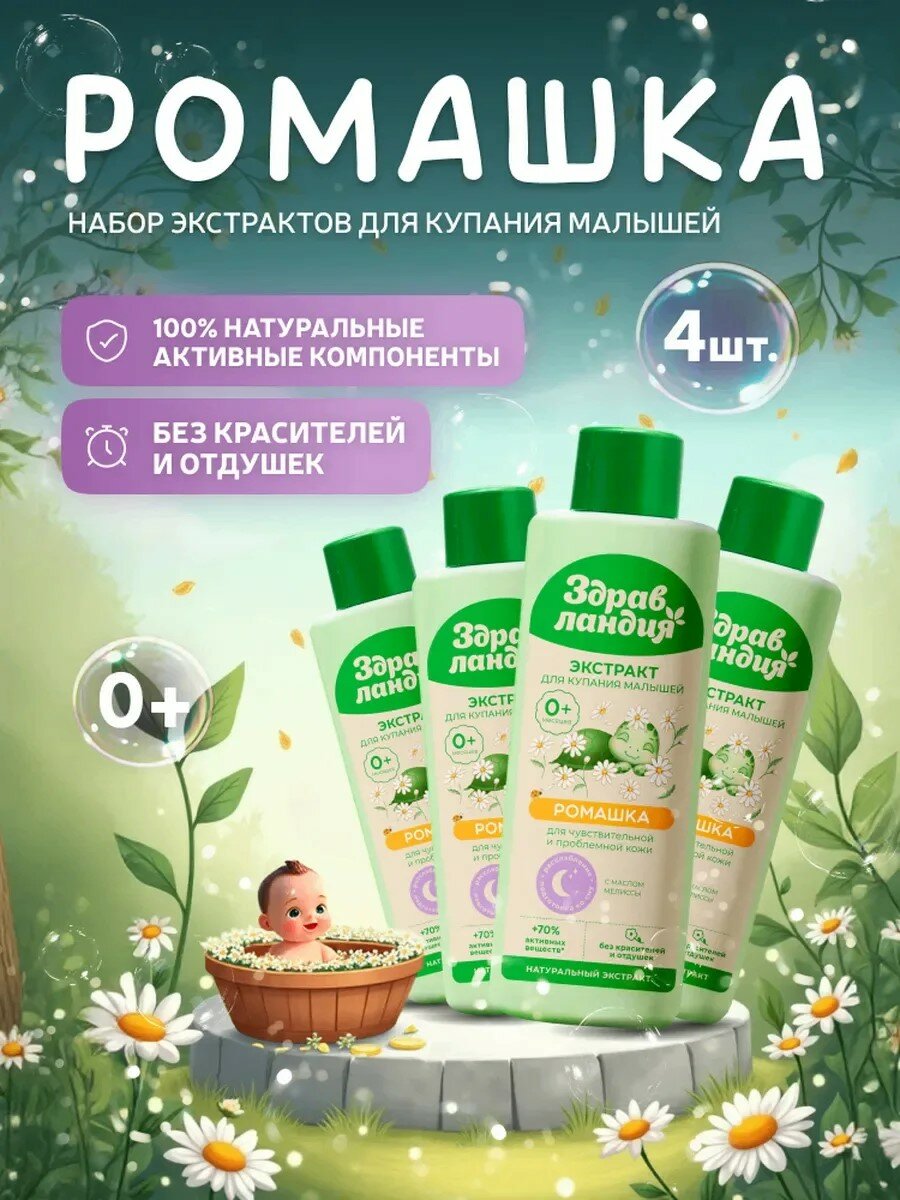 Набор для купания Страна Здравландия Ромашка, для малышей, гипоаллергенный, 4шт.